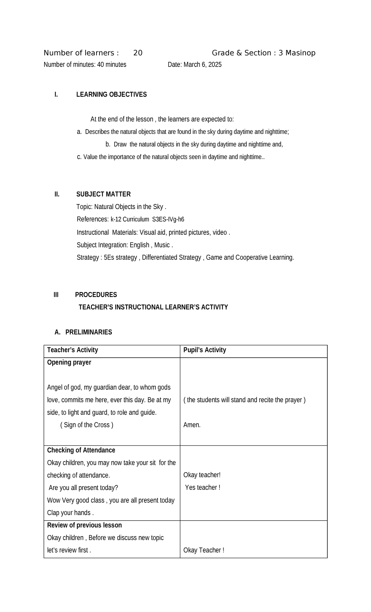 Natural Objects in the Sky: Lesson Plan for Grade 3 (March 2025) - Studocu