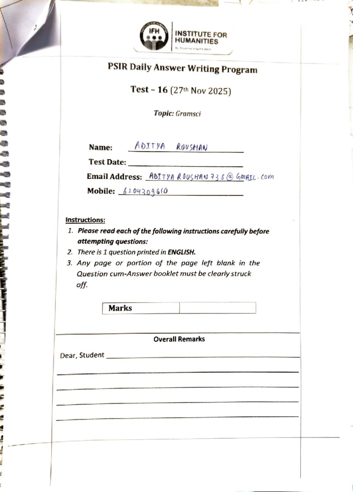 IFH INSTITUTE FOR HUMANITIES PSIR Daily Answer Writing Test 16: Gramsci ...