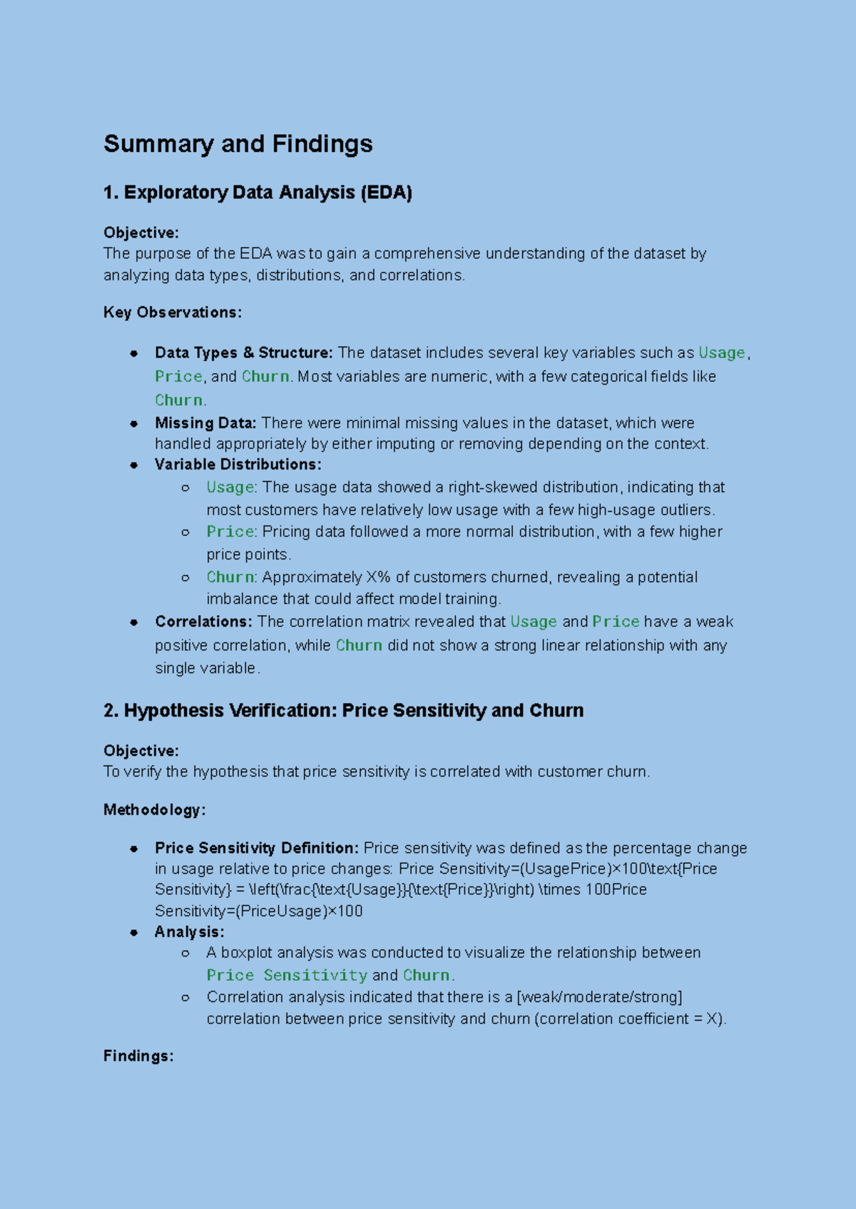 Data Summary & Findings: Exploratory Analysis of Price & Churn - Studocu