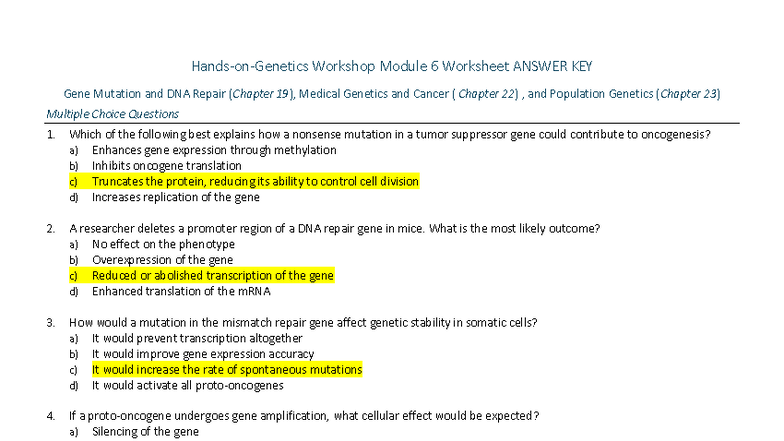 Module 6 Workshop Answer Key: Gene Mutation, DNA Repair & Genetics ...