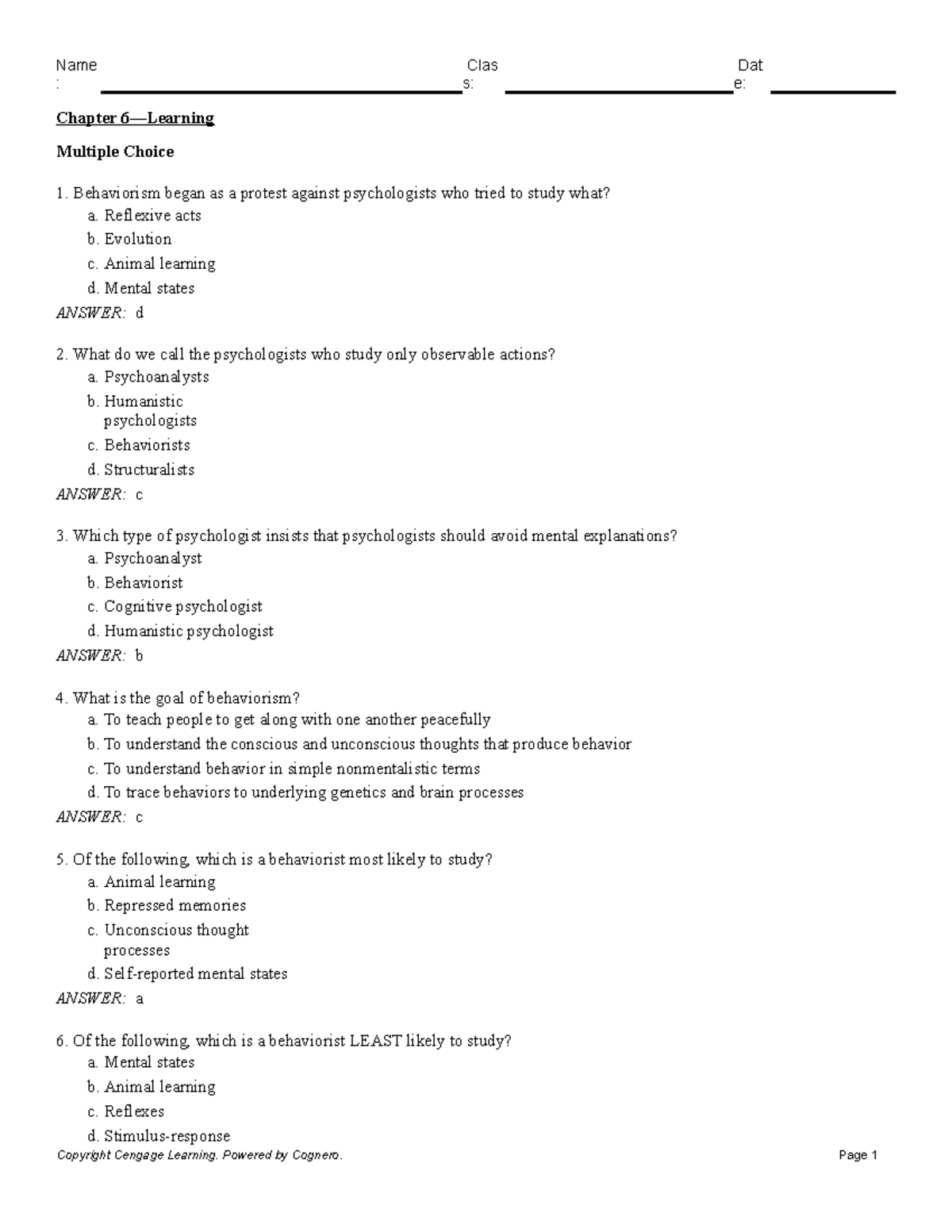 Chapter 6 Learning - Quiz Bank on Behaviorism Concepts - Studocu