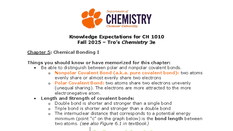 CH 1010 Fall 2025 - Key Concepts for Chemical Bonding I - Studocu