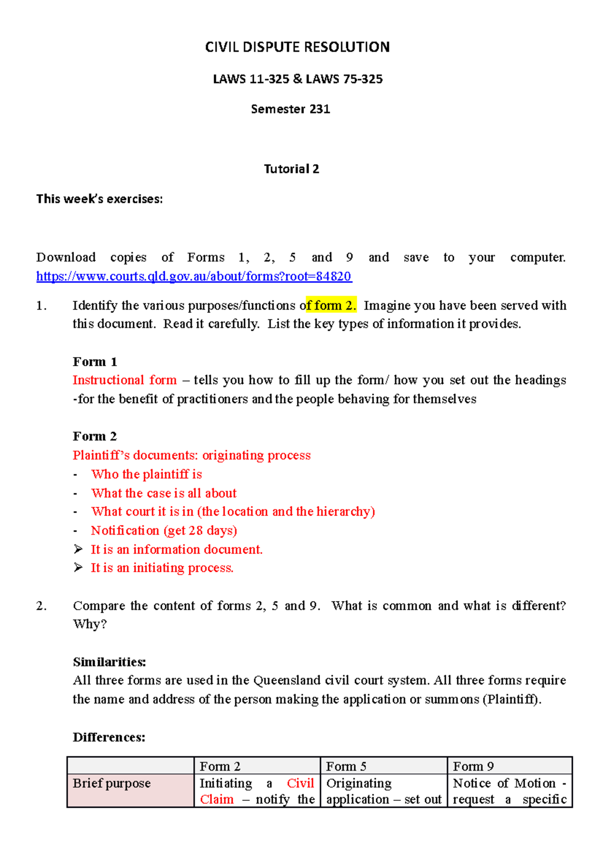 CIVIL DISPUTE RESOLUTION TUTORIAL 2 - WEEK 3 (LAWS 11-325 & 75) - Studocu
