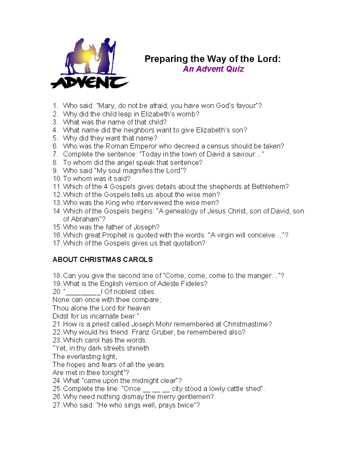 Quiz Preparing the Way of the Lord An Advent Quiz - Preparing the Way ...