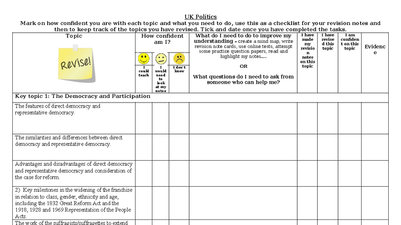 Gov Pol Year 12 UK Politics Revision Checklist and Confidence Tracker ...
