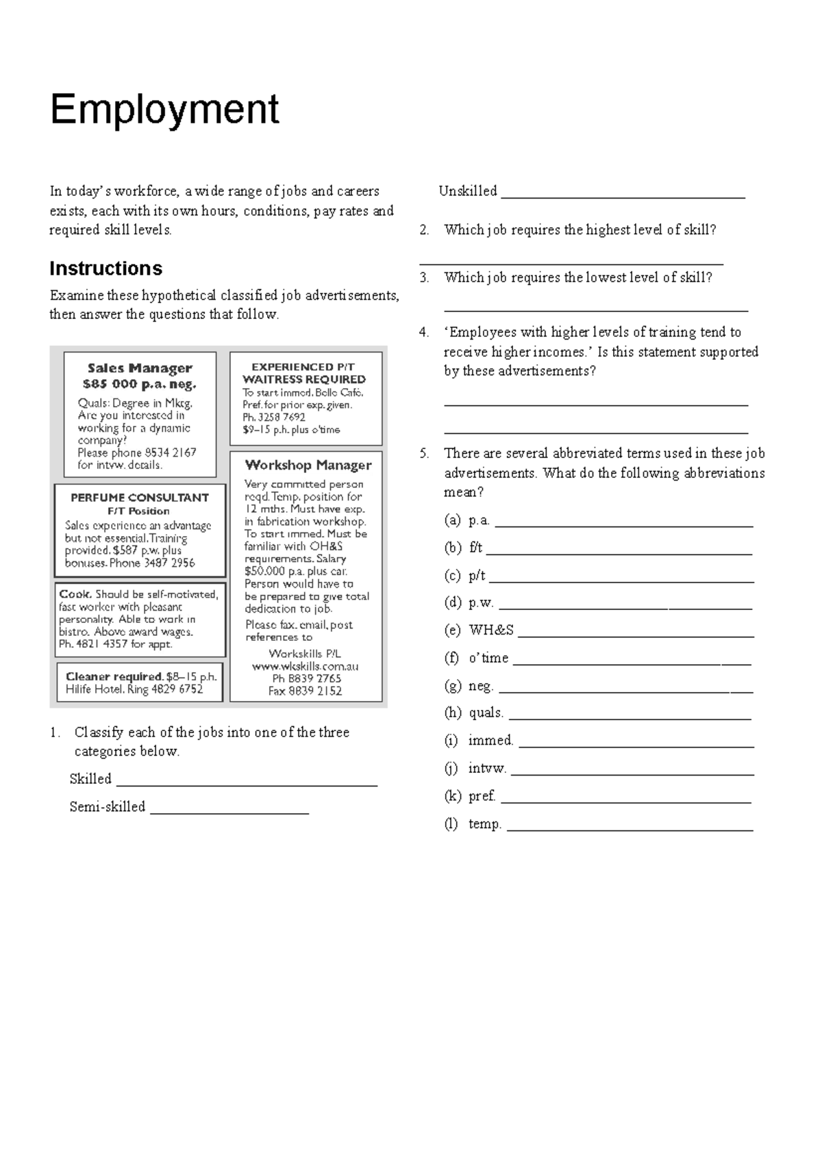 Employment - Job Classification Worksheet and Abbreviations - Studocu