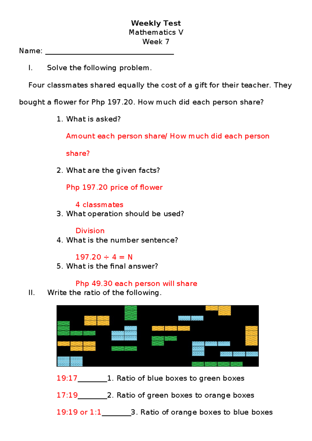 Weekly test Math W7 key - Exam - Weekly Test Mathematics V Week 7 Name ...