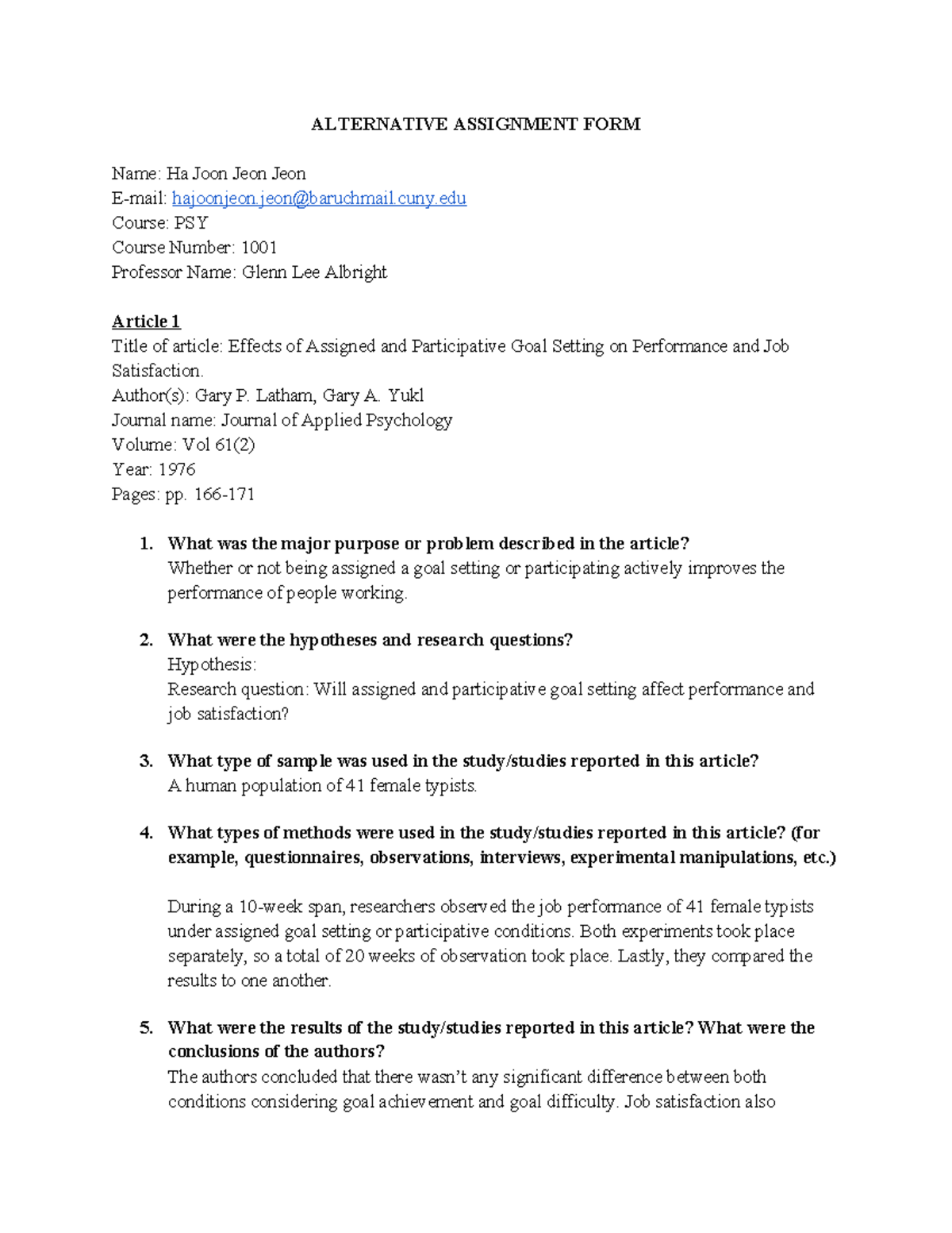 PSY 1001 - Alternative Assignments Reflection and Insights - Studocu