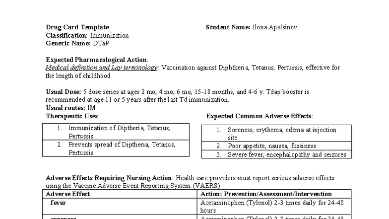 DTaP Immunization Drug Card Template for Nursing Students - Studocu