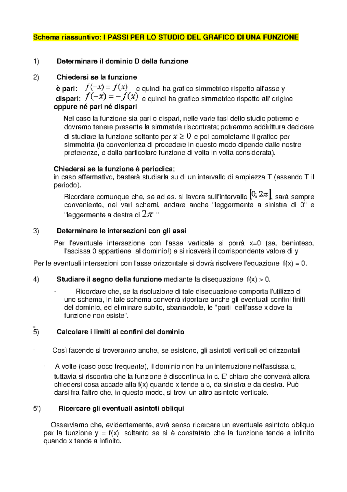 Schema riassuntivo studio di funzione - Schema riassuntivo: I PASSI PER ...