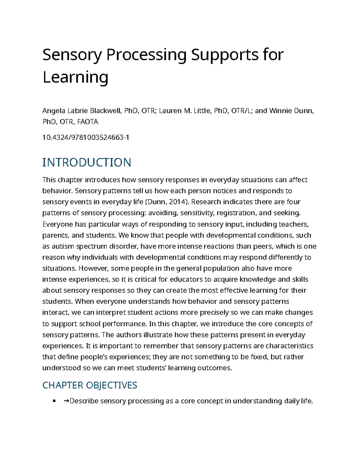 Sensory Processing Patterns & Interventions for ASD in Education - Studocu