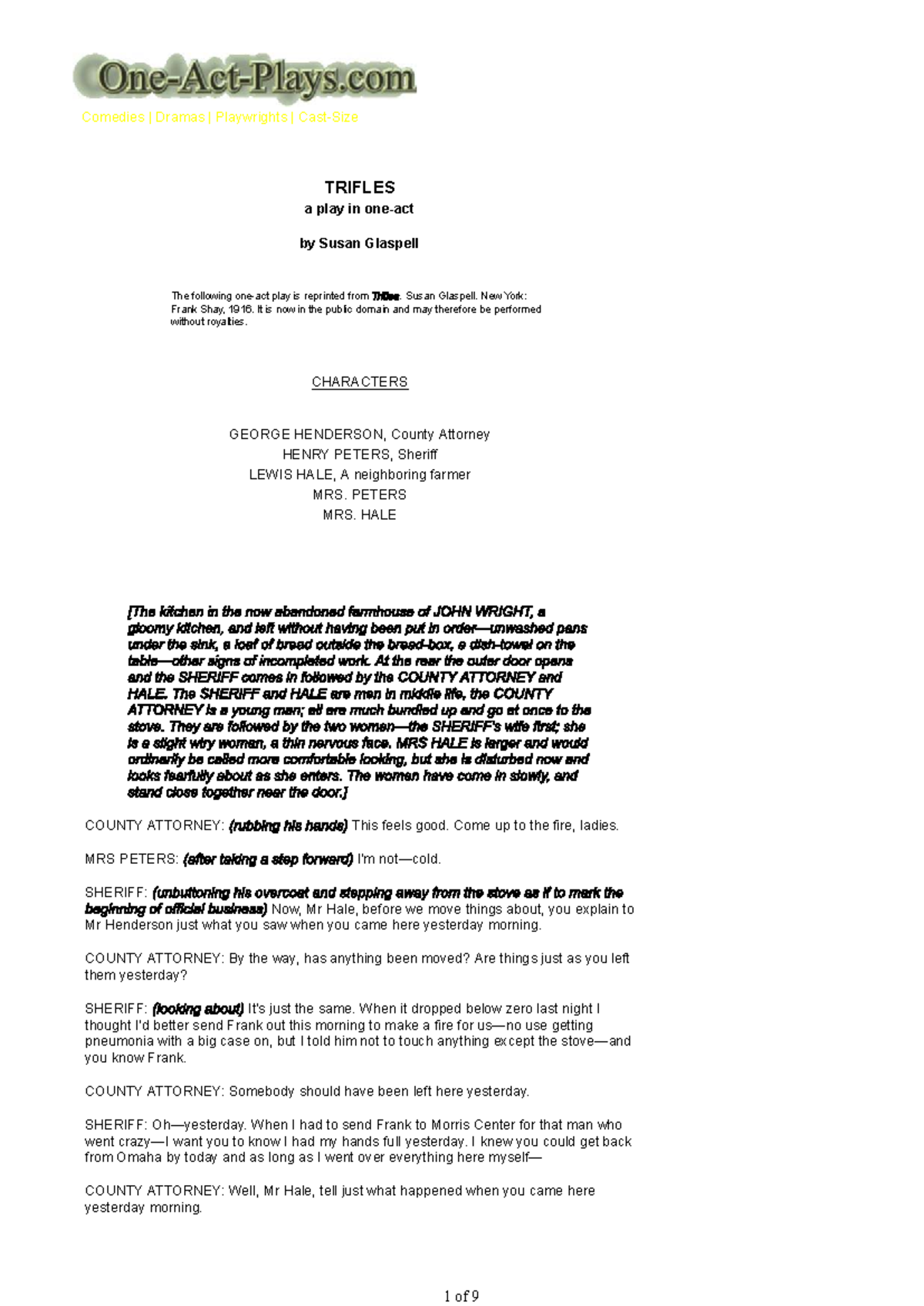 Trifles (ENG 101) - Analyzing Susan Glaspell's Play - Studocu