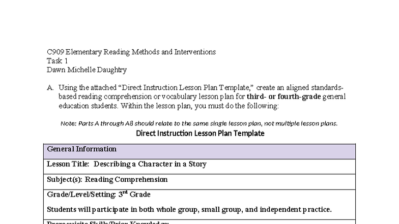 C909 Elementary Language and Intervention Task 1 - C909 Elementary ...