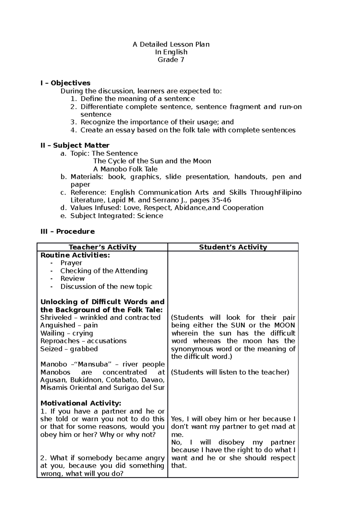 LP in Grade 7 - Lesson plan - A Detailed Lesson Plan In English Grade 7 ...