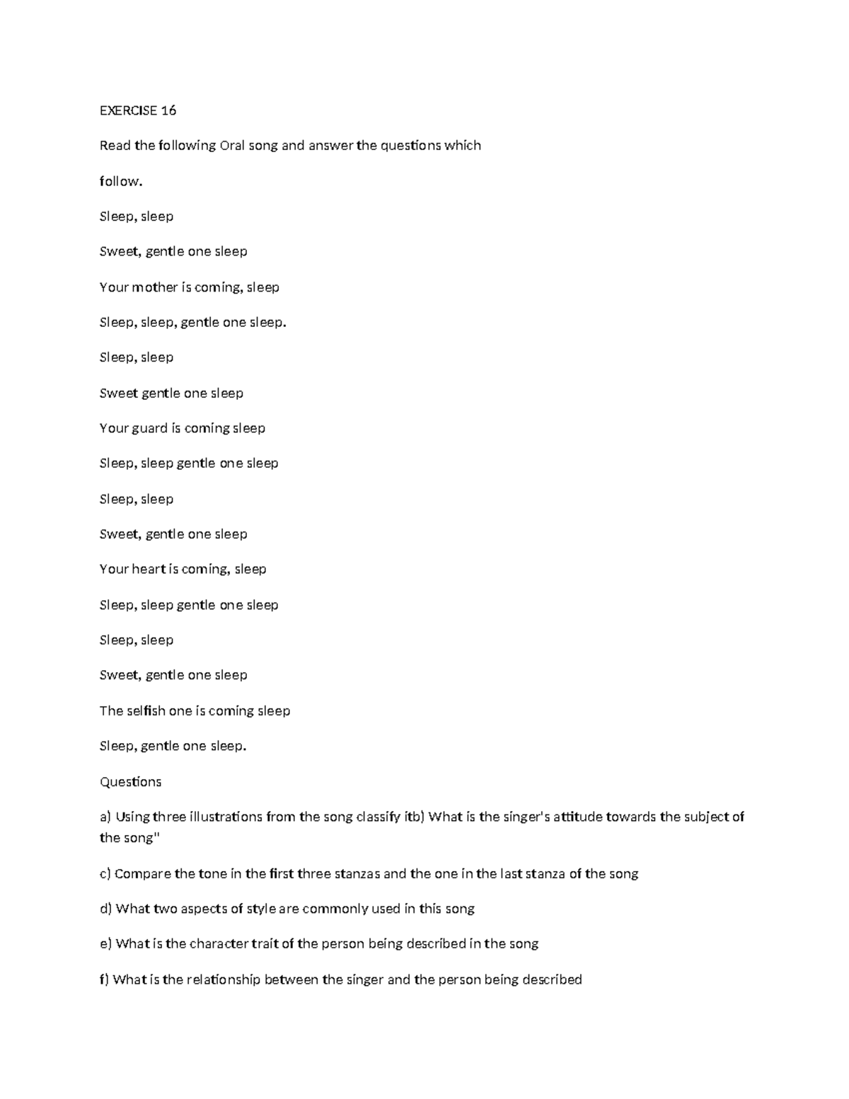 POETRY - Analysis of "Sleep, Sleep" Oral Song Exercise 16 - Studocu