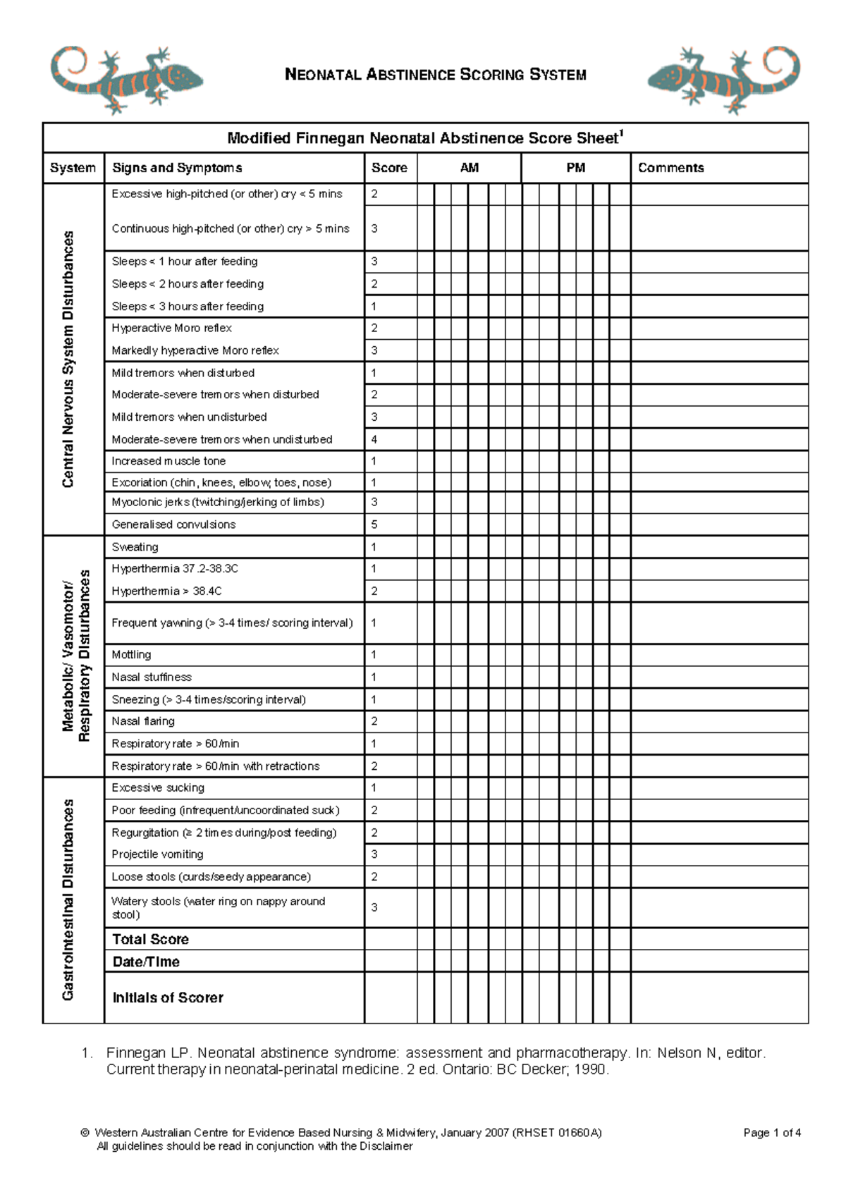 Modified Finnegan NAS Score Sheet & Guidelines (RHSET 01660A) - Studocu