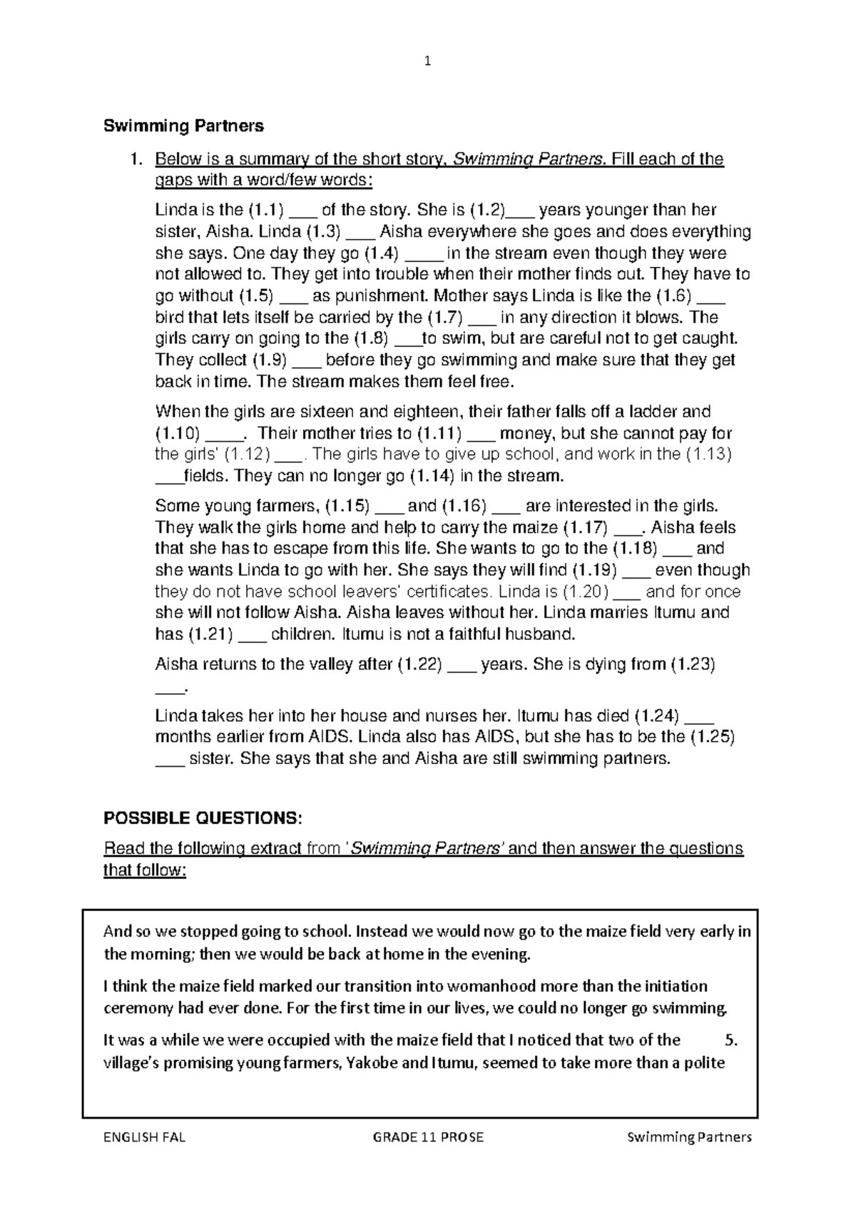 Swimming Partners Study Guide & Cloze Exercise (ENG 101) - Studocu