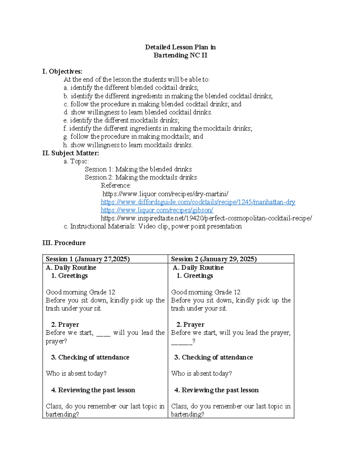 Detailed Lesson Plan for Bartending NC II: Blended & Mocktail Drinks ...