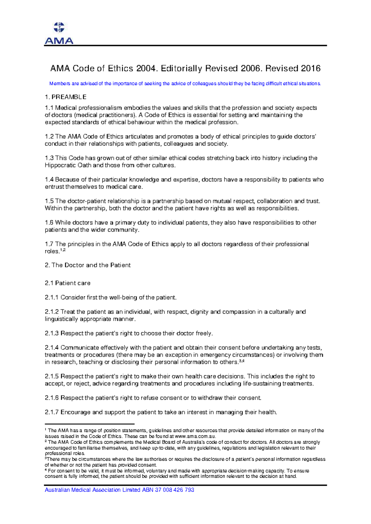 AMA Code of Ethics: Key Principles and Guidelines (Revised 2016) - Studocu