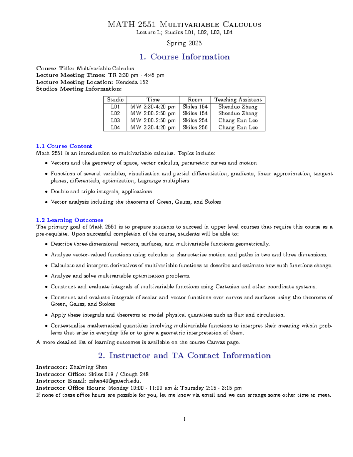 MATH 2551 Multivariable Calculus Syllabus - Spring 2025 - Studocu