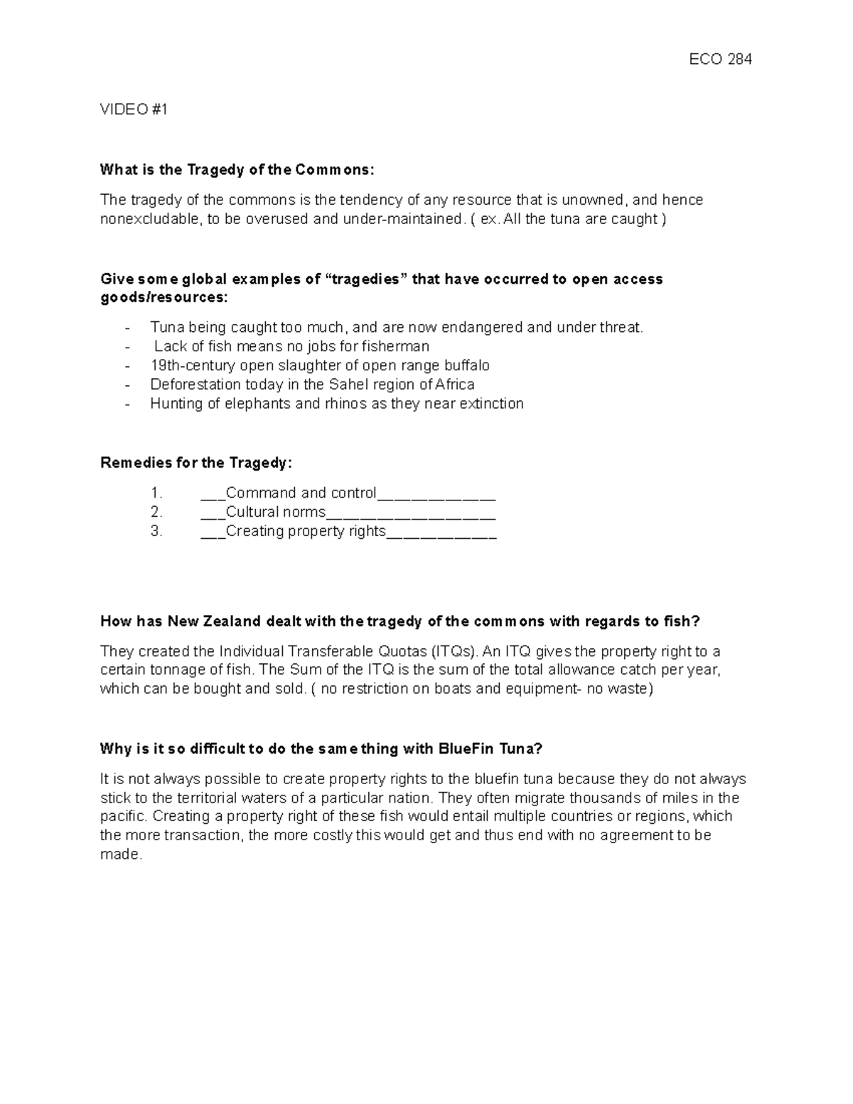 ECO worksheet 2 - ECO 284 VIDEO What is the Tragedy of the Commons: The ...