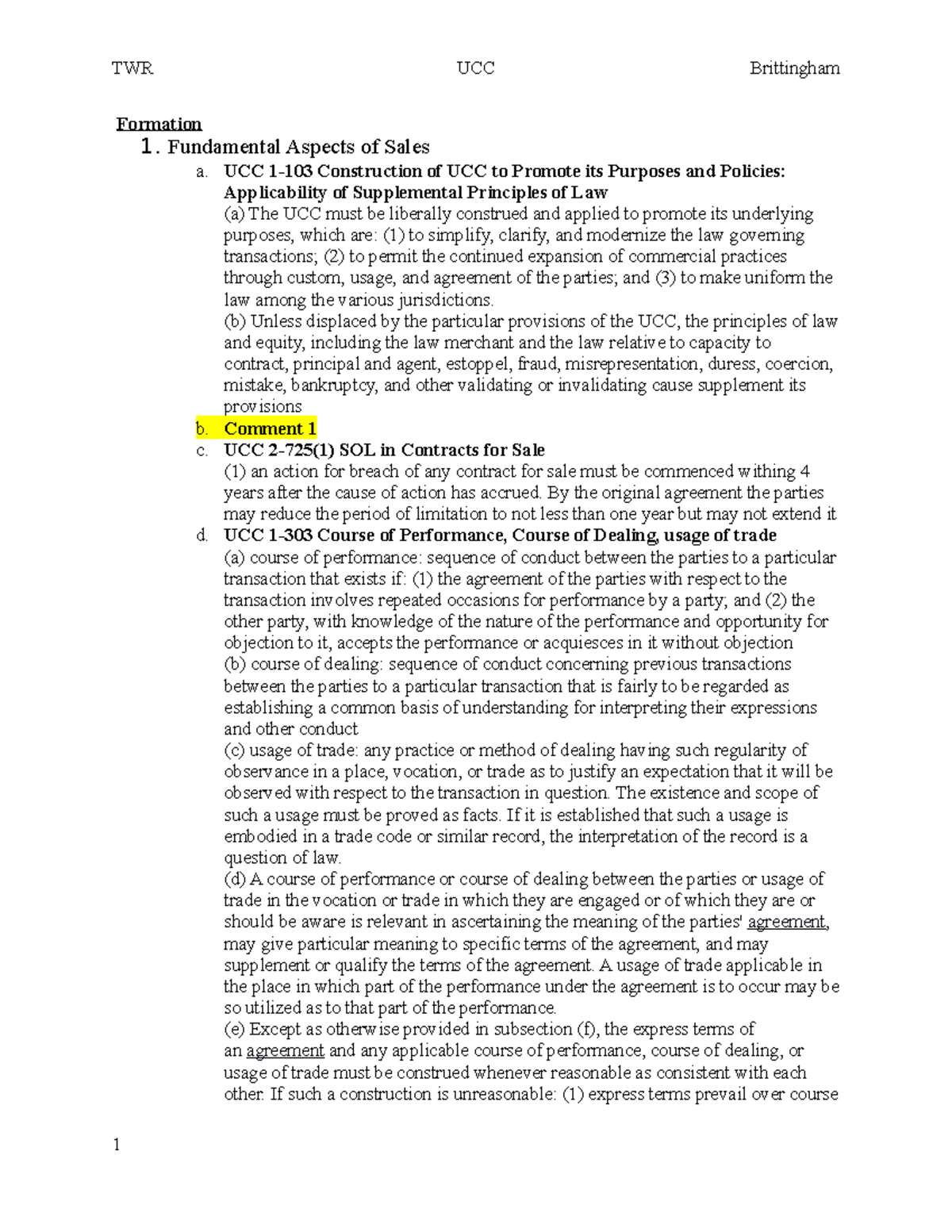 UCC Outline of Sales Fundamentals and Related Provisions - Studocu
