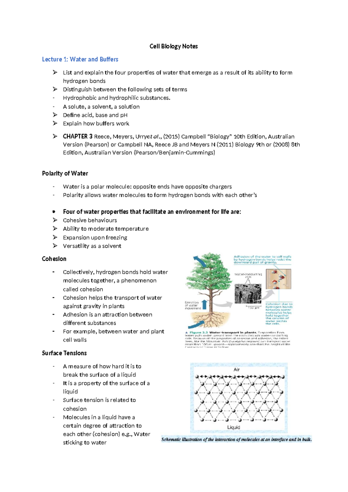 Cell Biology Notes: Lecture 1 - Water, Buffers, and pH Concepts - Studocu