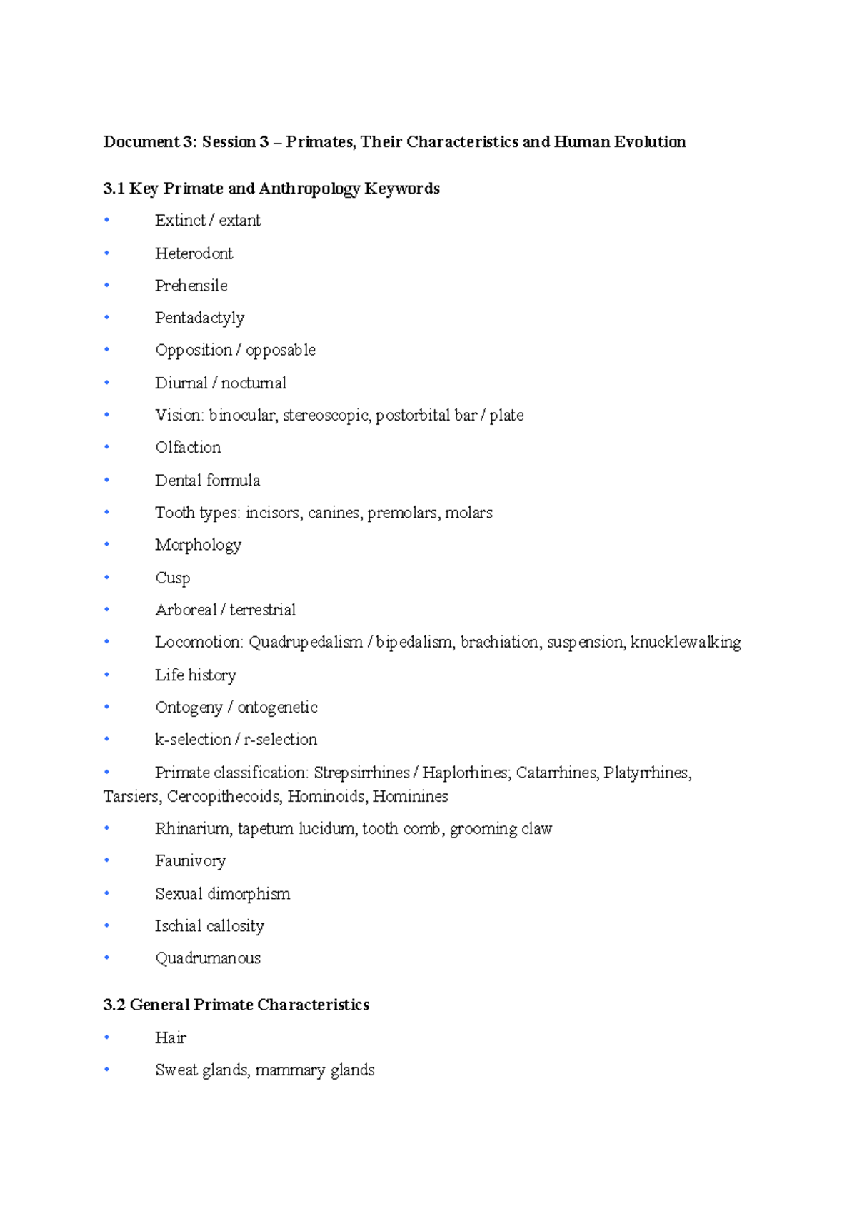 Primate Characteristics & Human Evolution: Study Notes (Document 3 ...