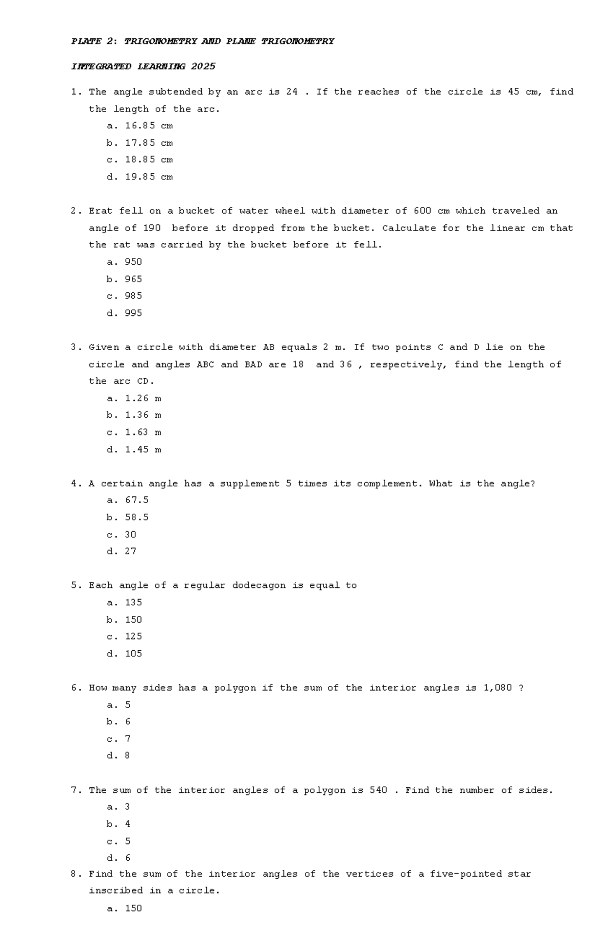 PLATE 2: TRIGONOMETRY AND PLANE TRIGONOMETRY PRACTICE QUESTIONS 2025 ...