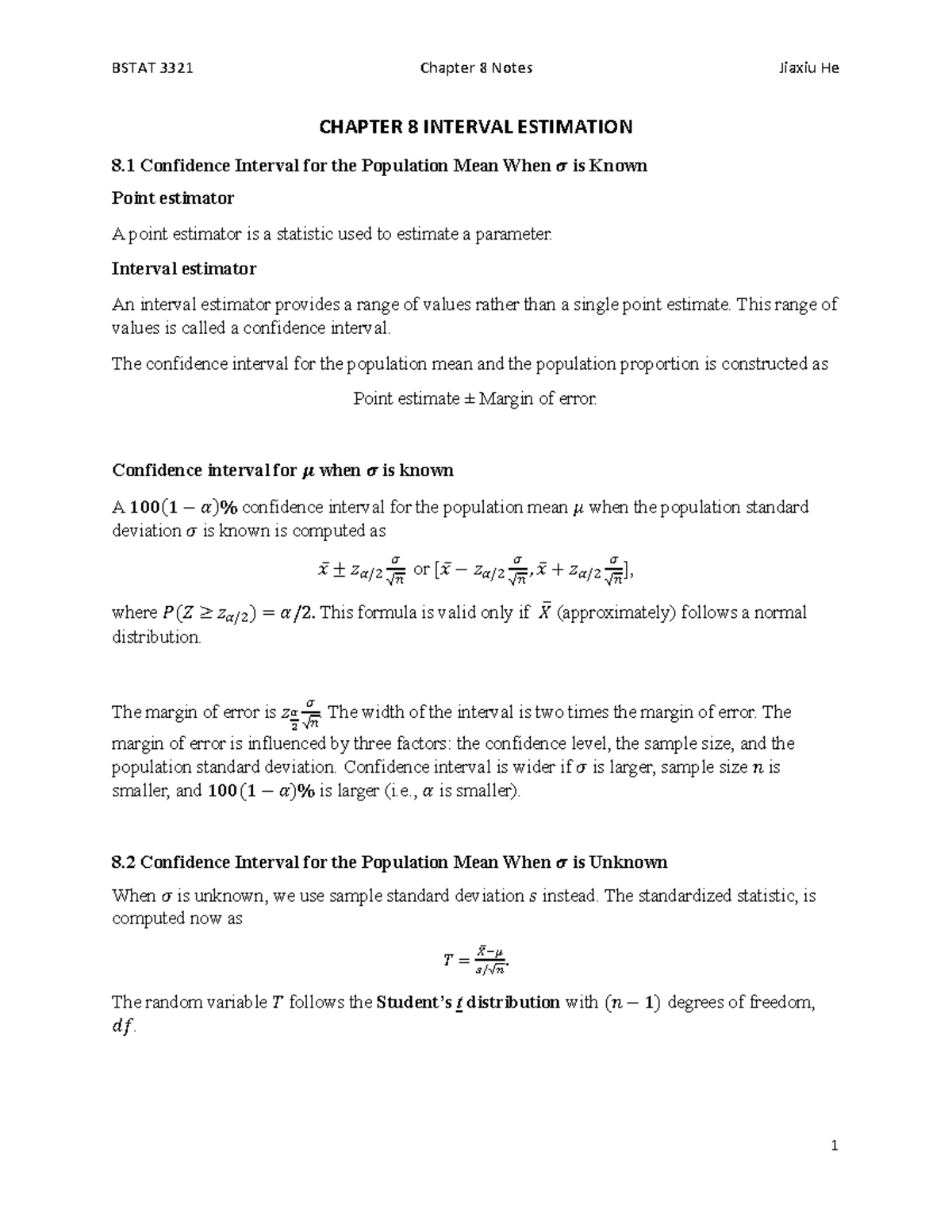 Bstat 3321 Chapter 8 Interval Estimation Notes By Jiaxiu He Studocu