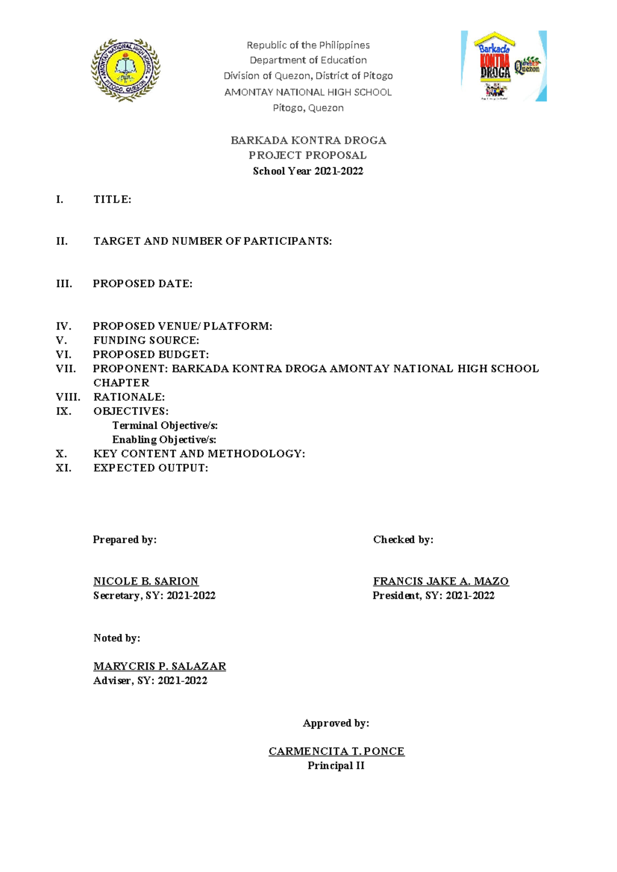 BKD Project Proposal for Barkada Kontra Droga Initiative - Studocu
