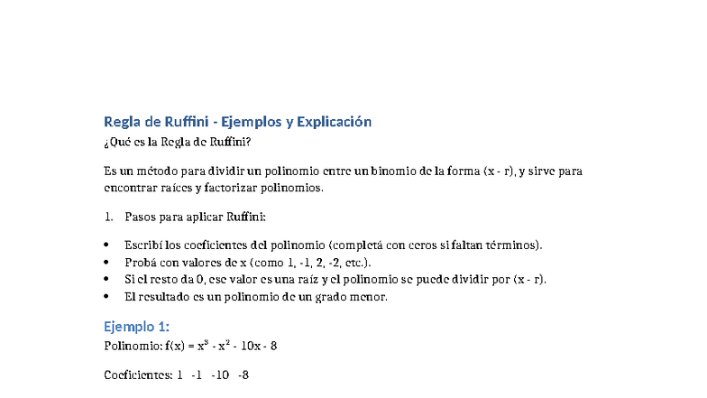 Ruffini Rule: Ejemplos y Explicación - Matemática - Studocu