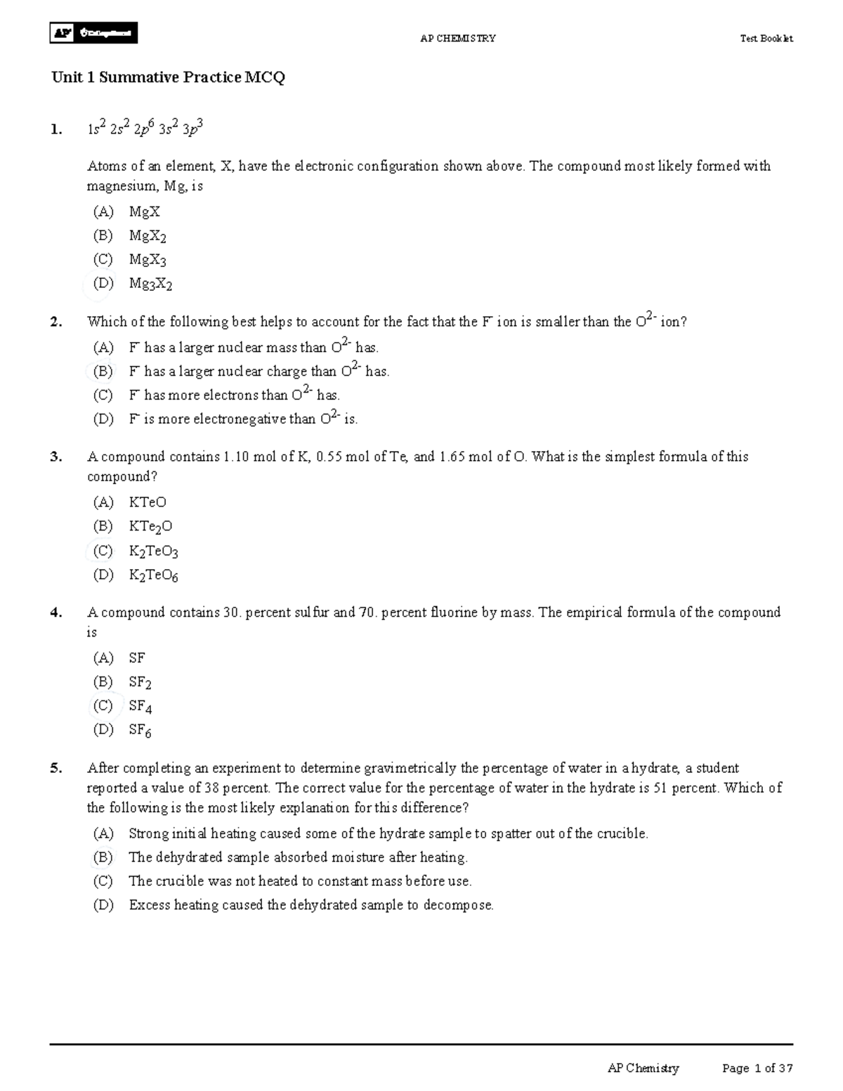 AP CHEMISTRY Unit 1 Summative Practice MCQ Questions - Studocu