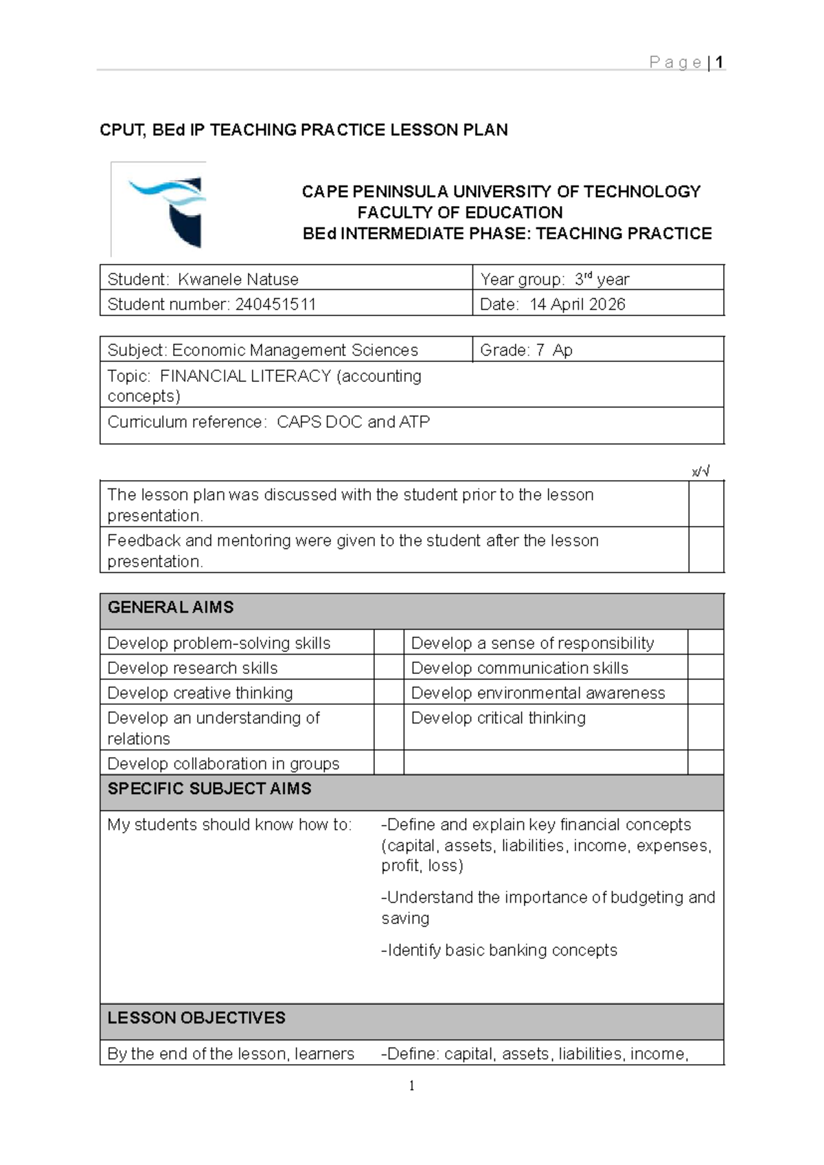 EMS GRD 7 Lesson Plan: Financial Literacy Concepts for IP3 K - Studocu