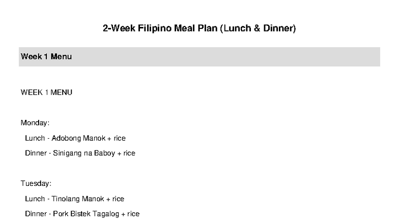 2-Week Filipino Meal Plan (Lunch & Dinner) with Budget Overview - Studocu