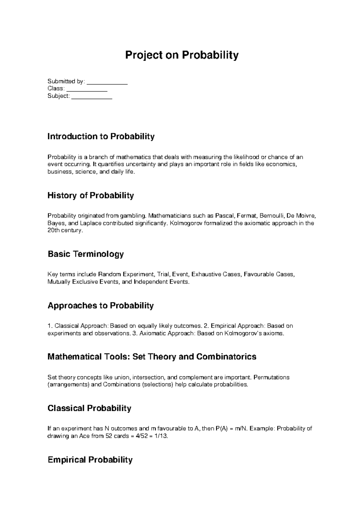 Probability Project - Introduction to Probability Concepts - Studocu