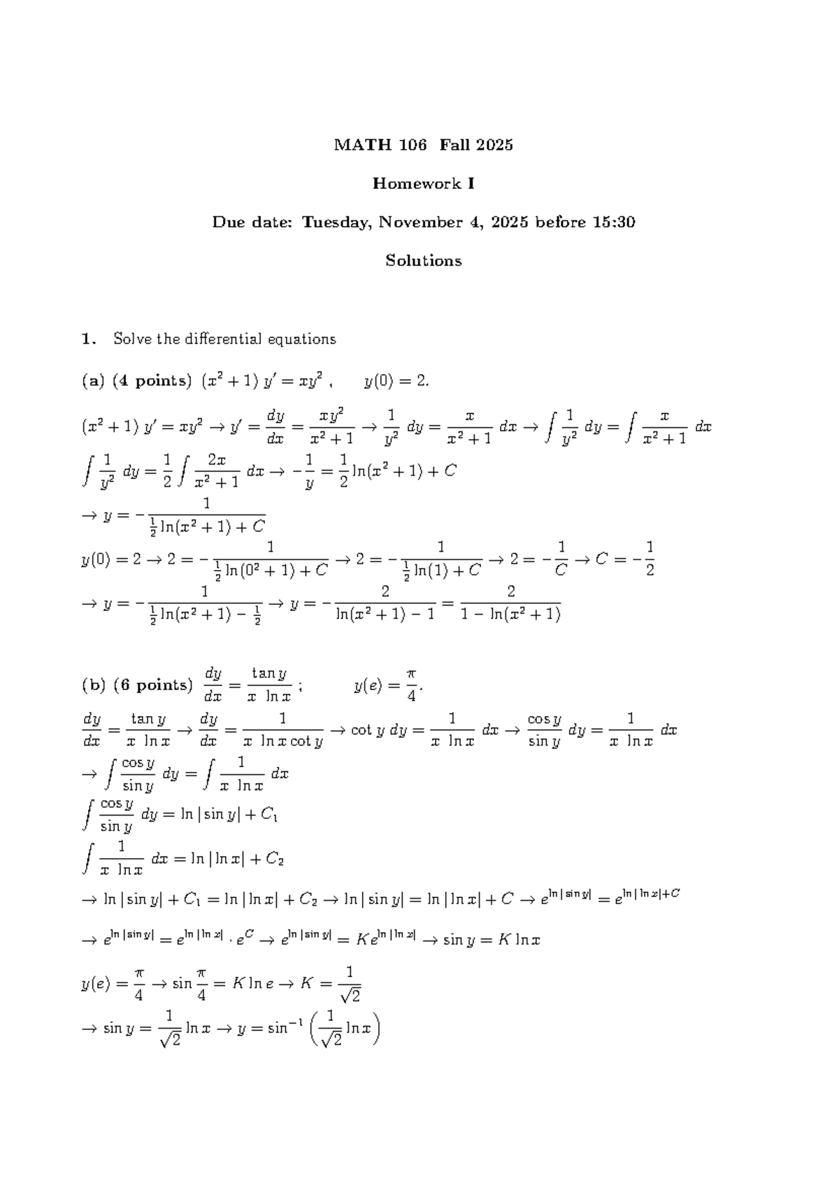MATH 106 Fall 2025 Homework I Solutions and Detailed Explanations - Studocu
