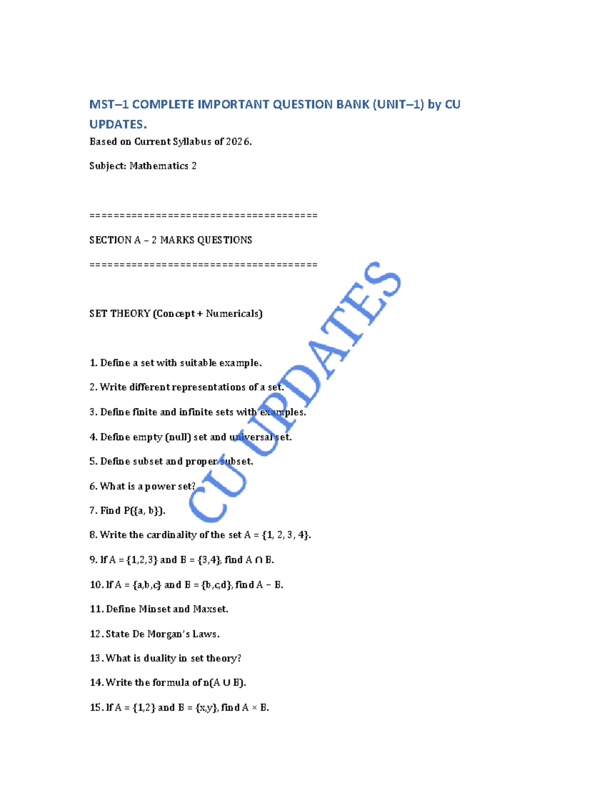 Mathematics 2 - Complete Question Bank for 2026 Syllabus - Studocu
