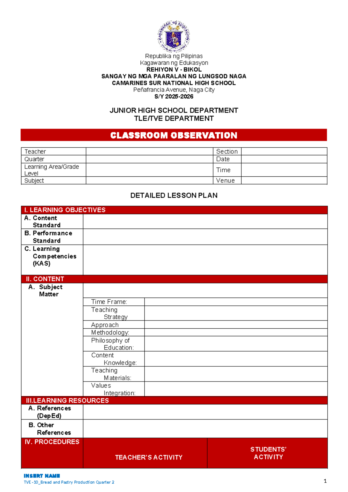 Detailed Lesson Plan for TVE and Pastry Production - Quarter 2 - Studocu