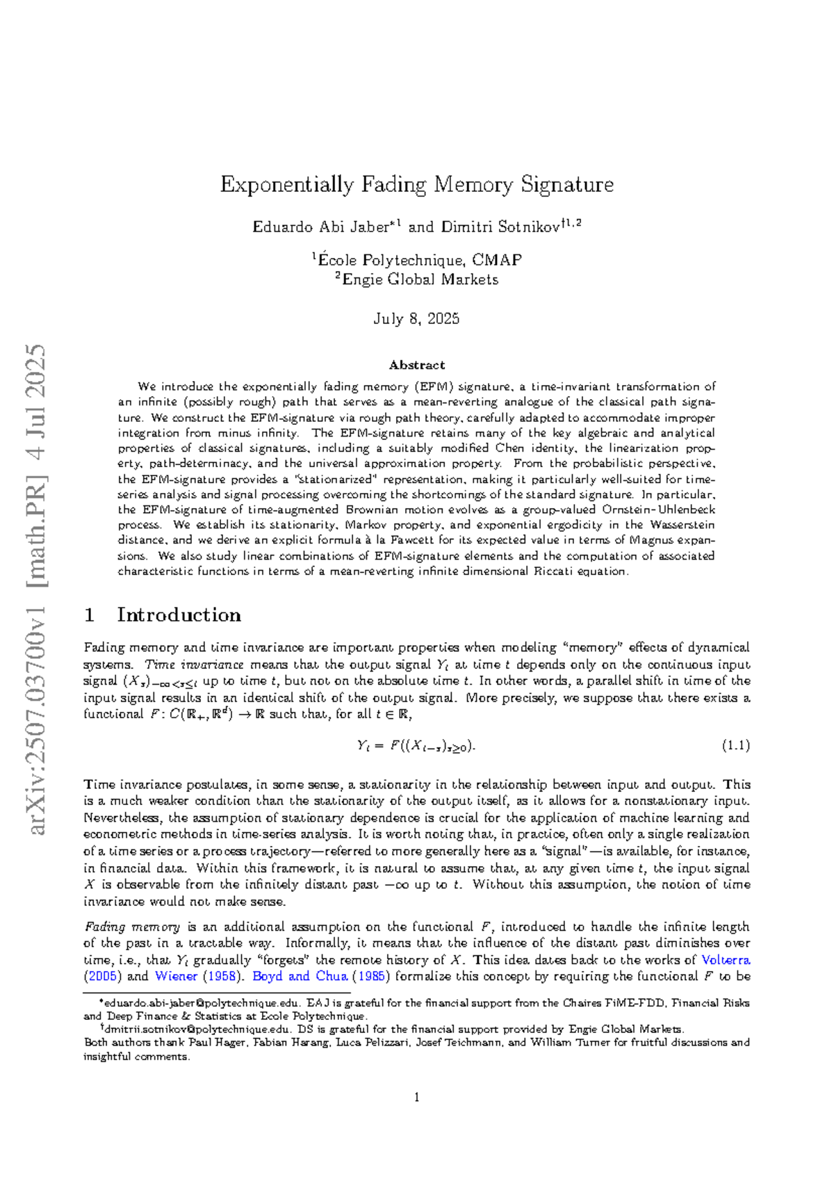 Exponentially Fading Memory Signature: Theory and Applications in Time ...