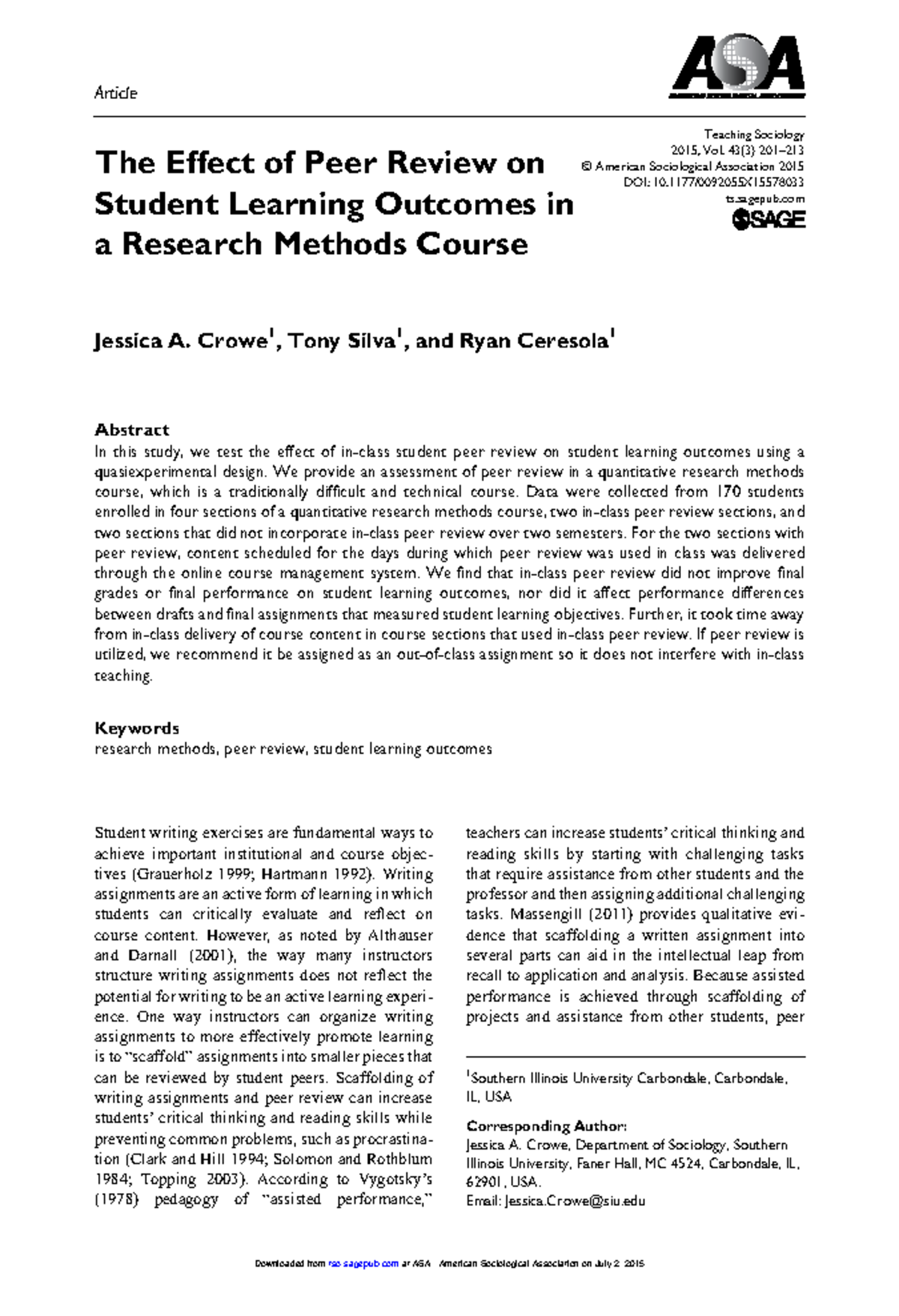 The Effect of Peer Review on Student Outcomes in Research Methods (SCL ...
