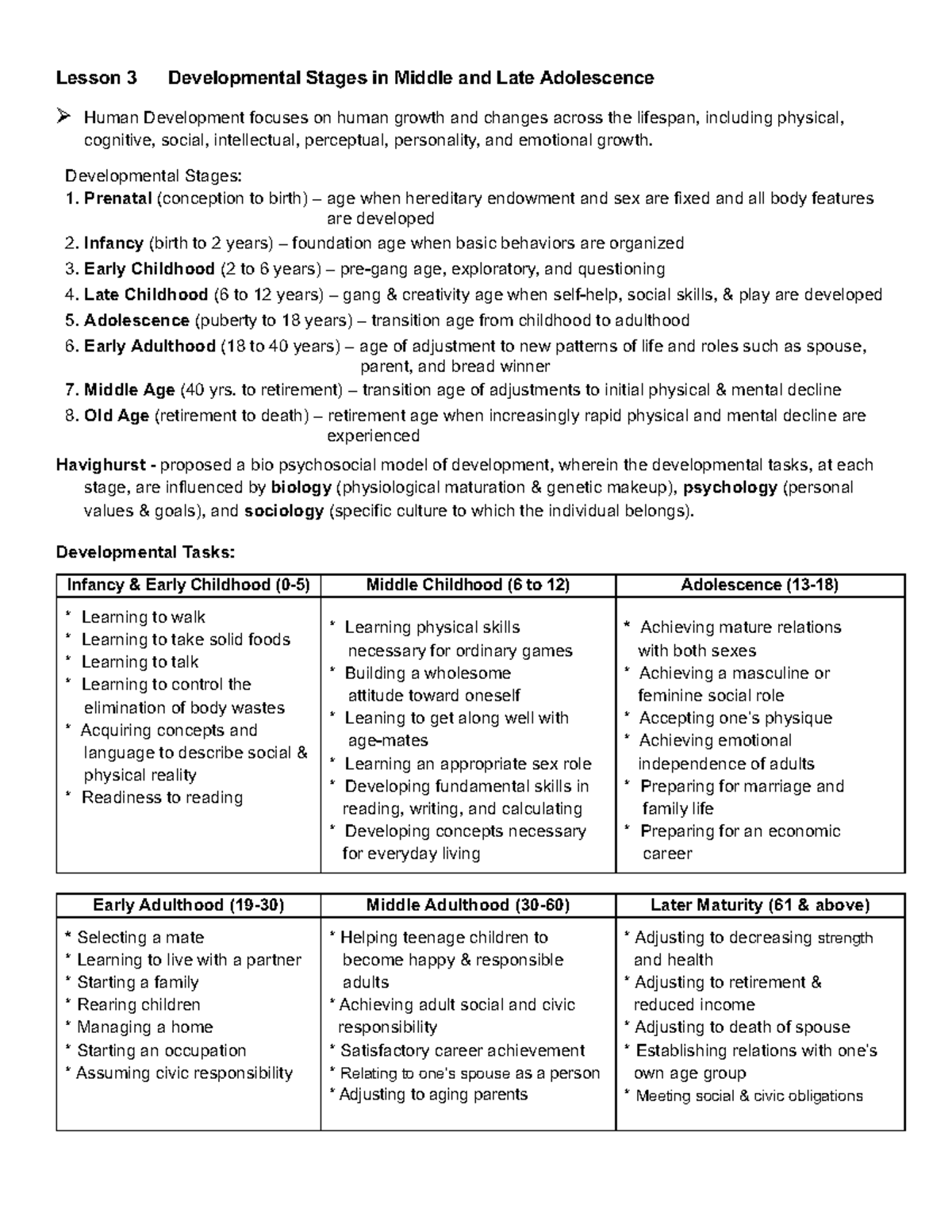 L3 Lesson on Developmental Stages in Adolescence and Adulthood - Studocu