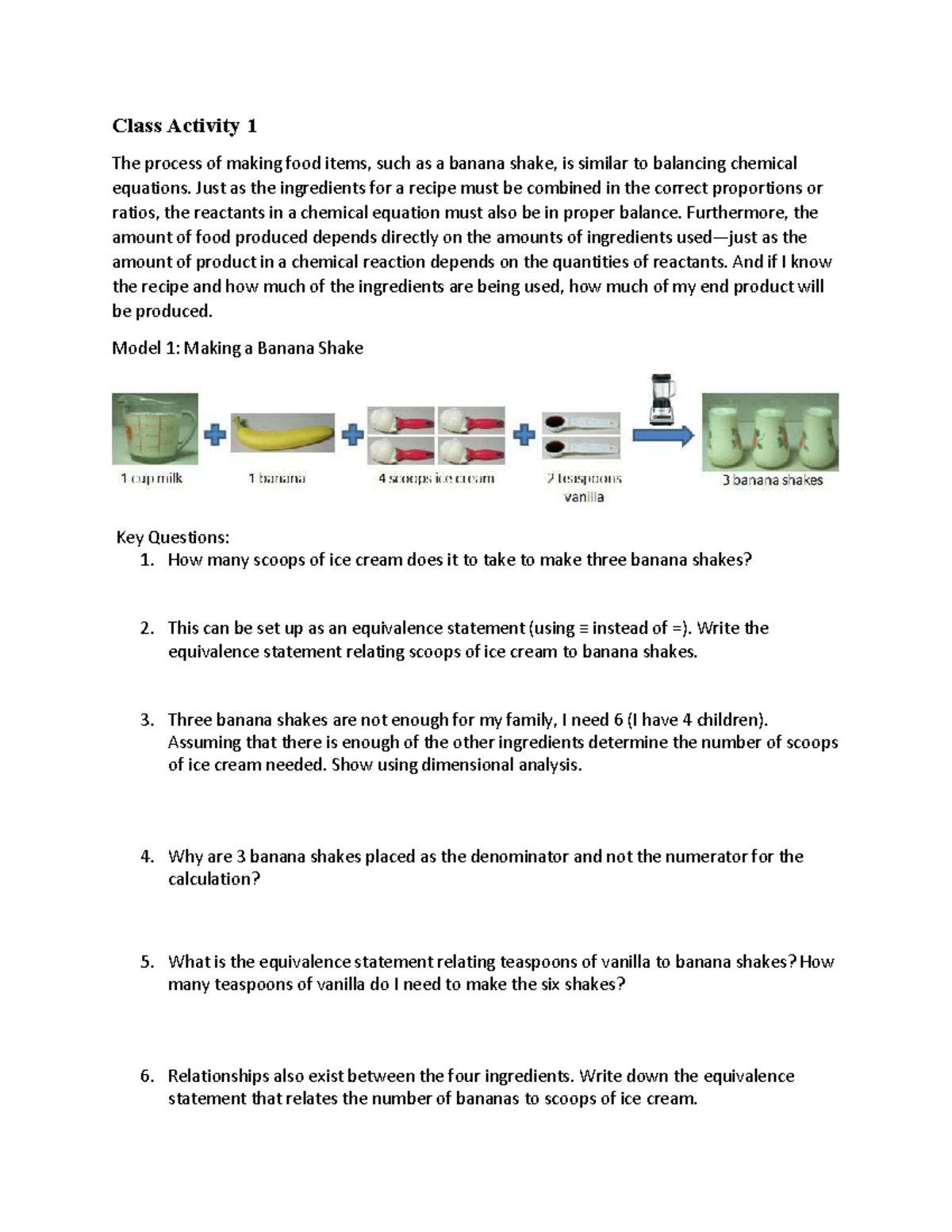 Class Activities for Chemistry 101: Balancing Equations & Recipes - Studocu