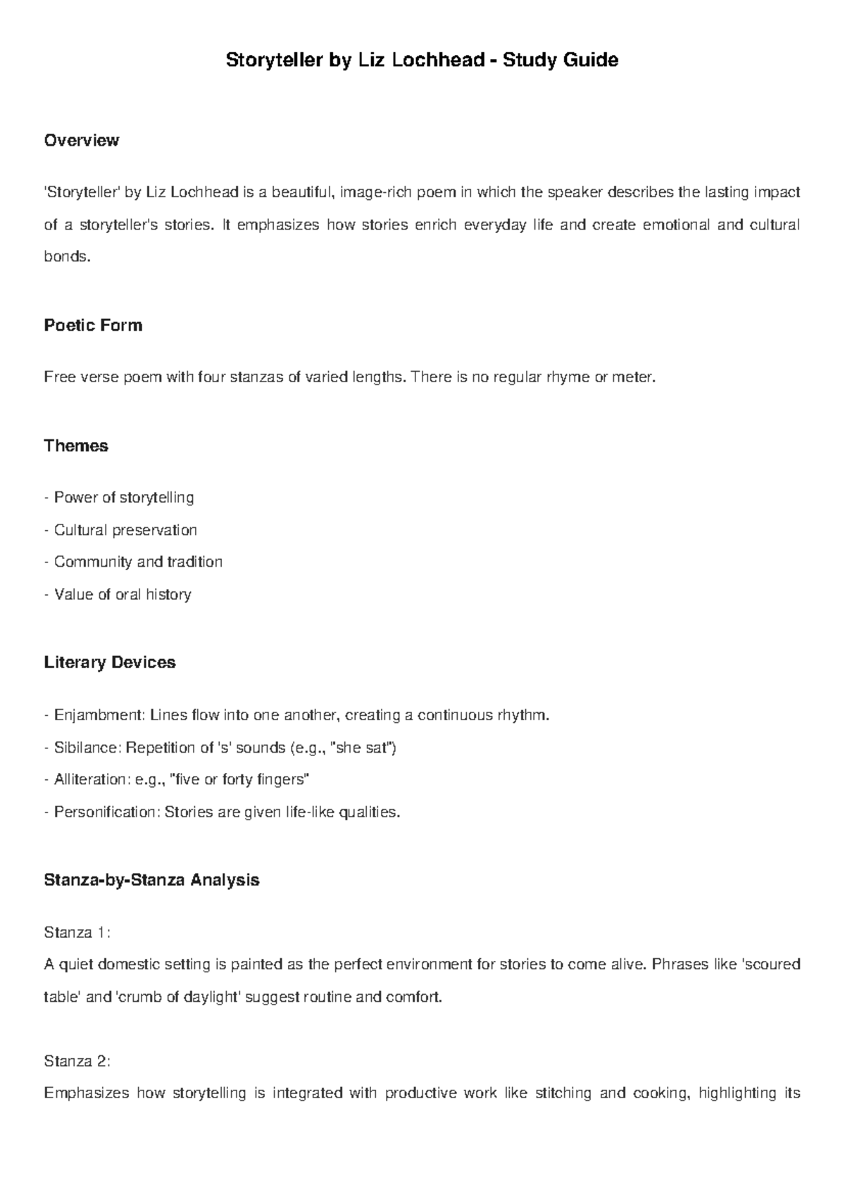 Study Guide: Storyteller by Liz Lochhead - Themes & Analysis - Studocu