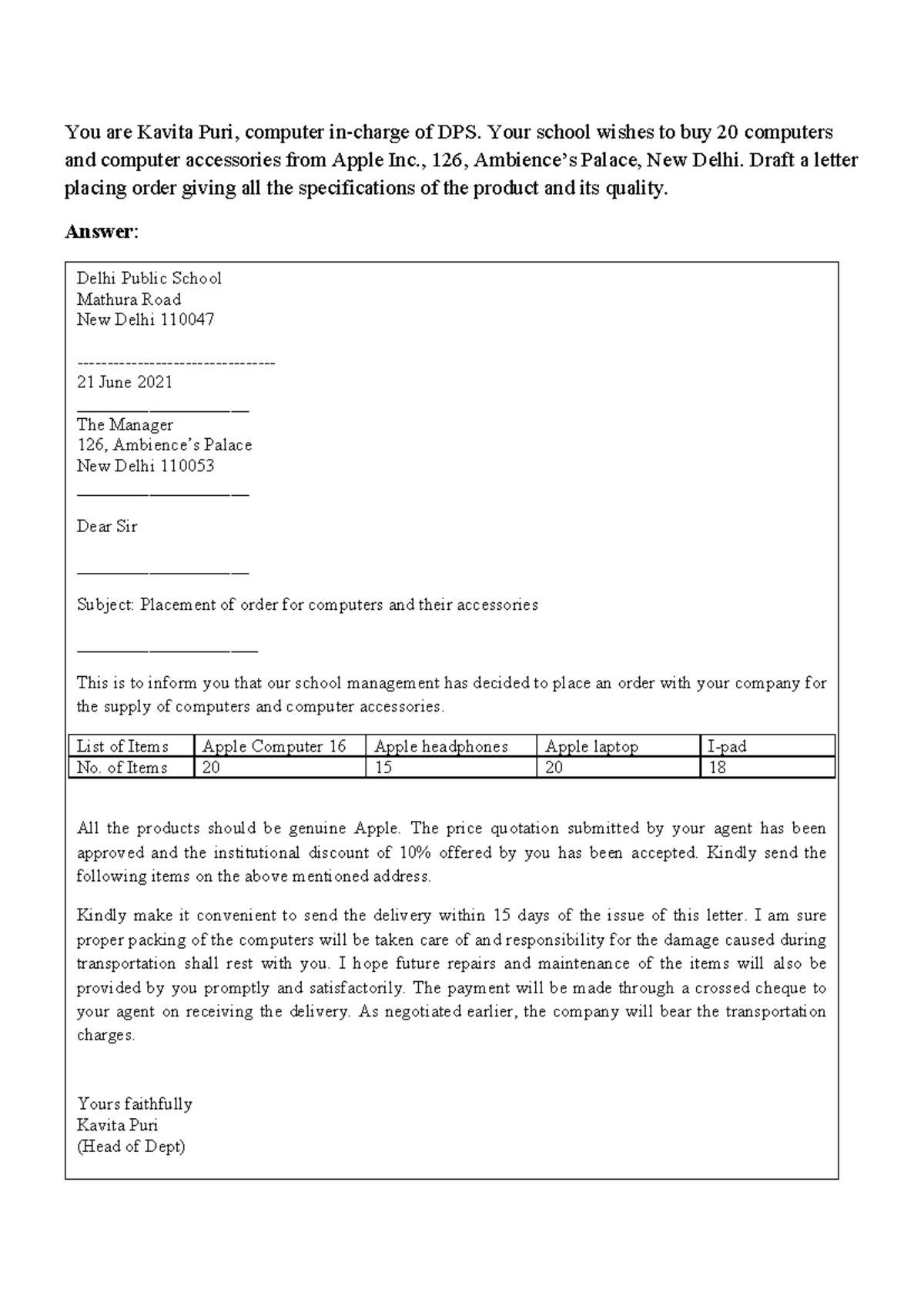 Formal Letter Placing Order - You are Kavita Puri, computer in-charge ...