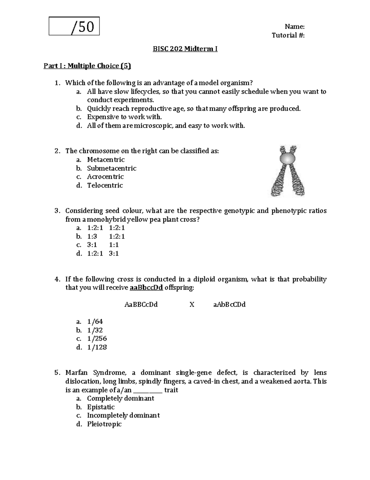 BISC 202 Practice Midterm I - Multiple Choice & Matching Questions ...