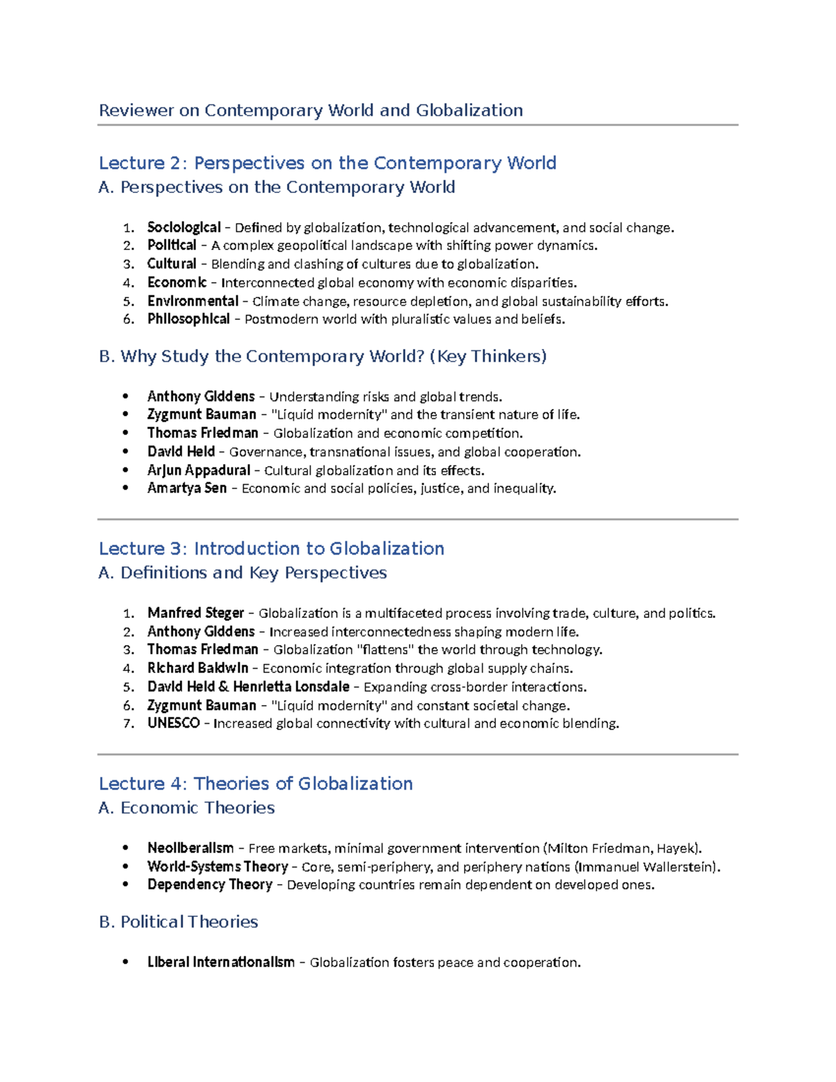 Contemporary World & Globalization Reviewer: Lecture Insights and Key ...