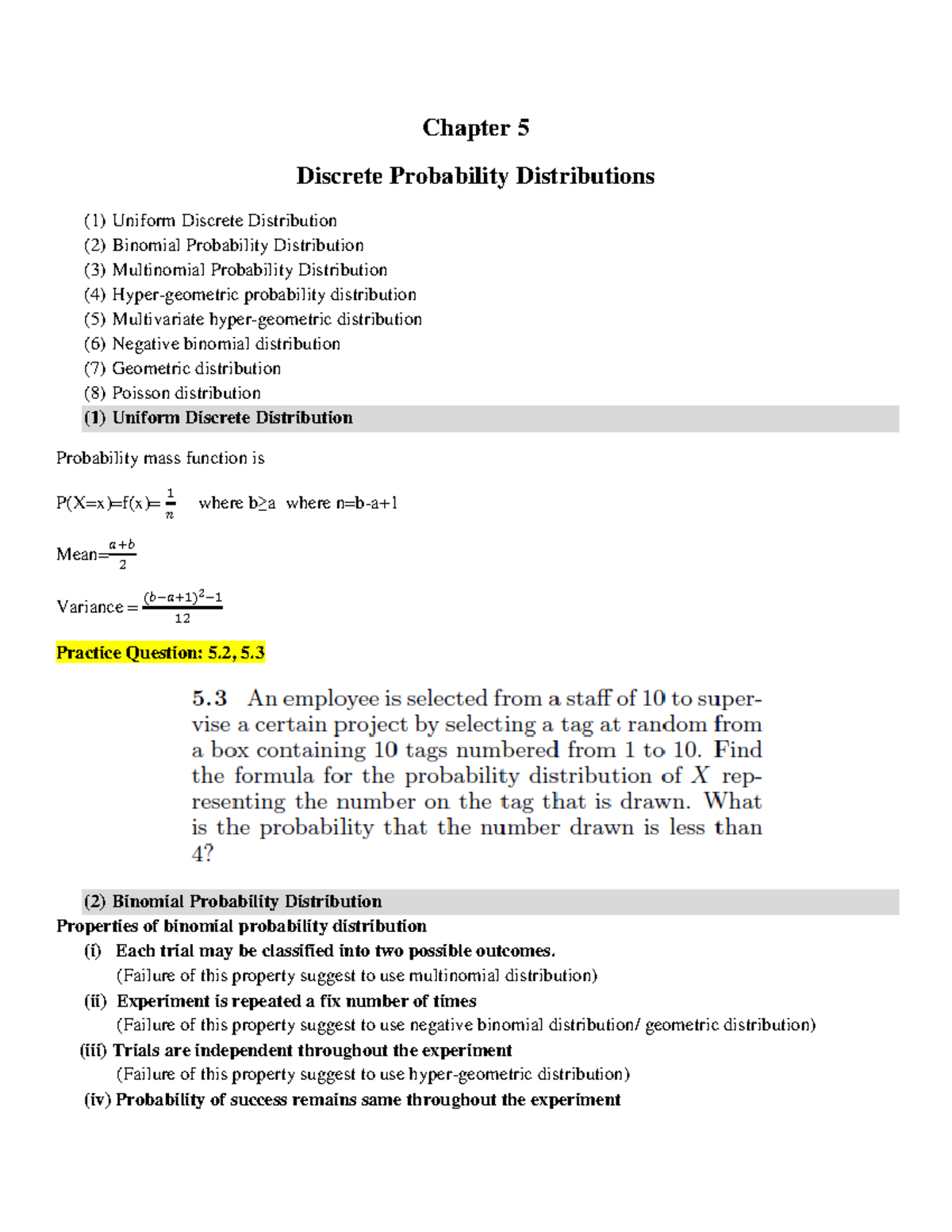 Probability Distributions, Testing and Reg Corr - Chapter 5 Discrete ...