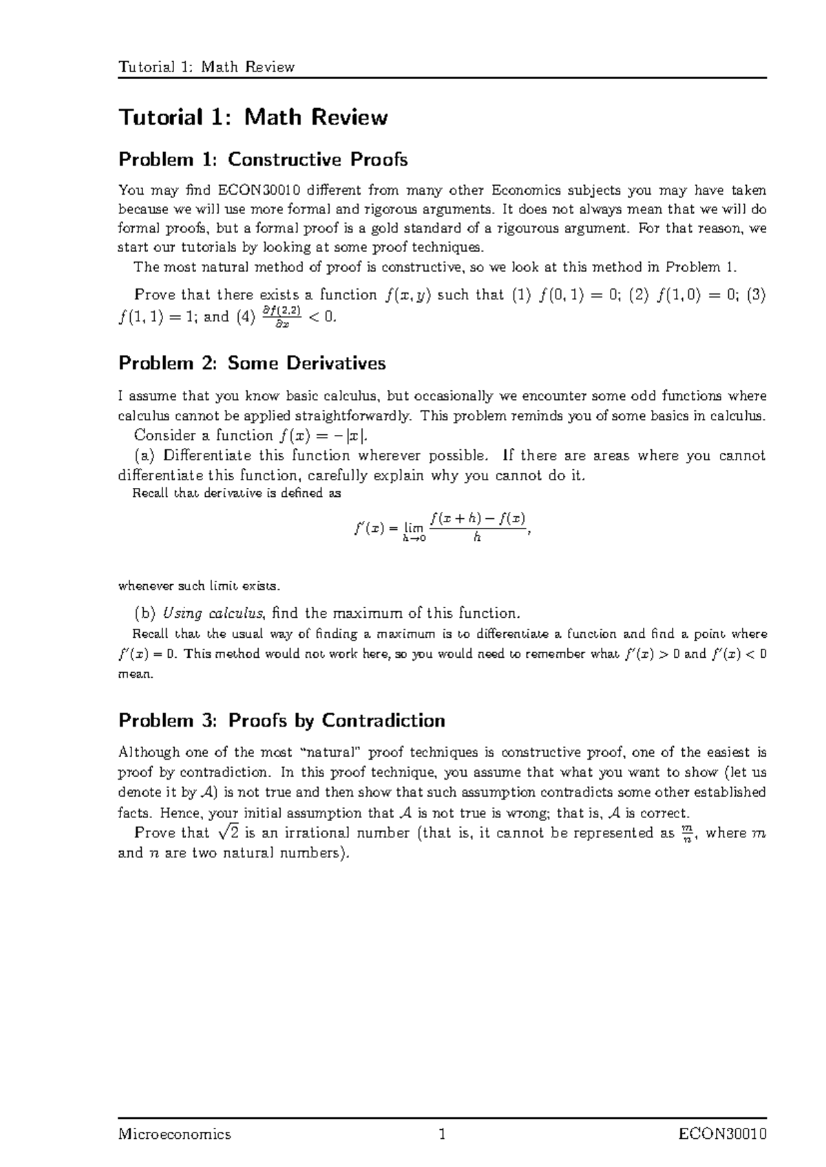 T1-ECON30010: Math Review & Proof Techniques Tutorial - Studocu