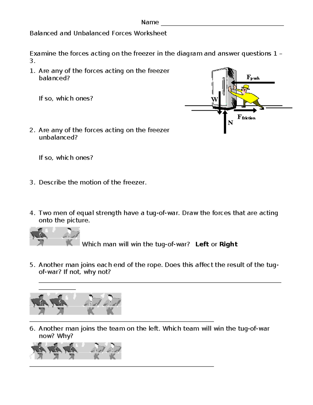 Balanced and Unbalanced Forces Worksheet: Analyzing Freezer Forces ...